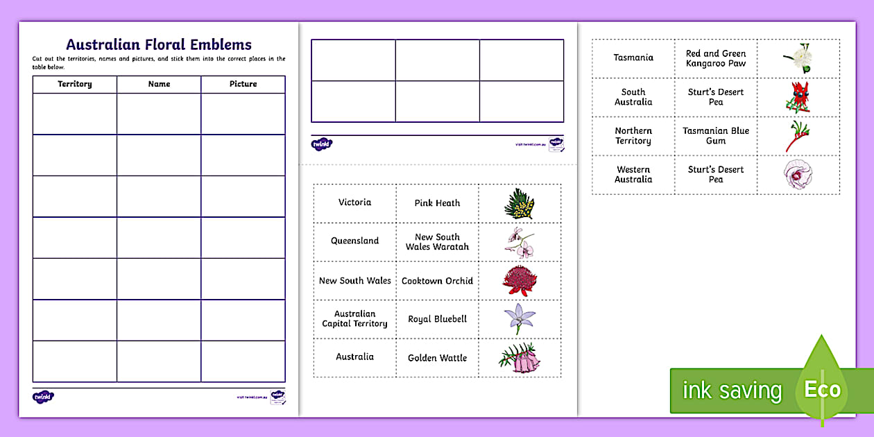 Australian Floral Emblems Cut and Stick Sorting Activity