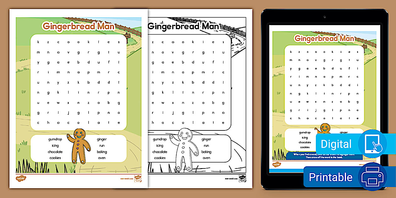 Gingerbread Man Word Search for K-2nd Grade - Twinkl