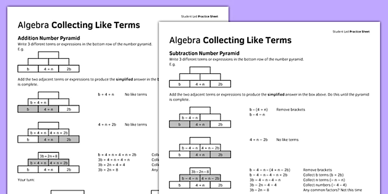 Algebra Collecting Like Terms Worksheet (teacher made)