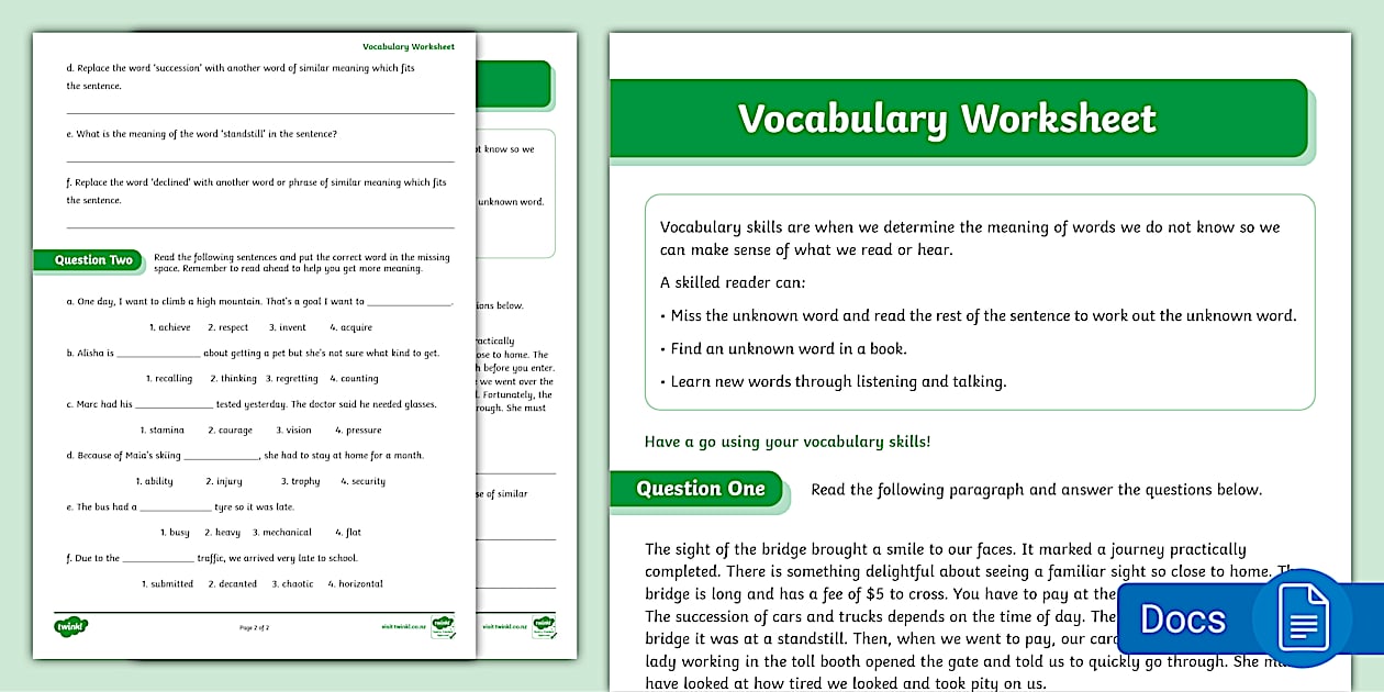 Reading Comprehension Skills: Vocabulary Worksheet (Year 3-4)