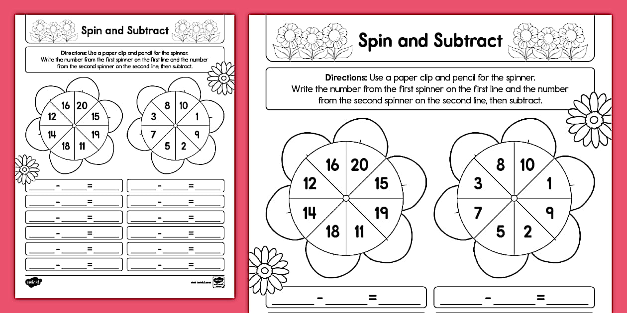 First Grade Spring Flower Spin and Subtract Within 20 Worksheet
