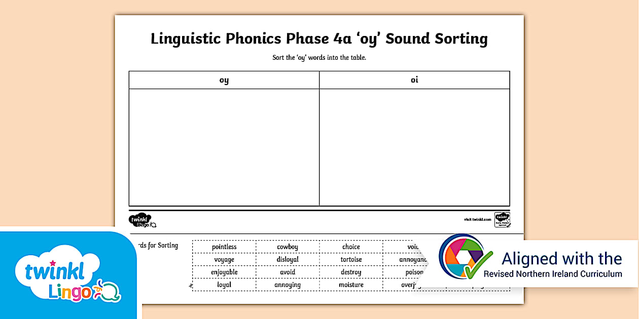 NI Linguistic Phonics 4a 'oy' Sound Sorting Activity Sheet