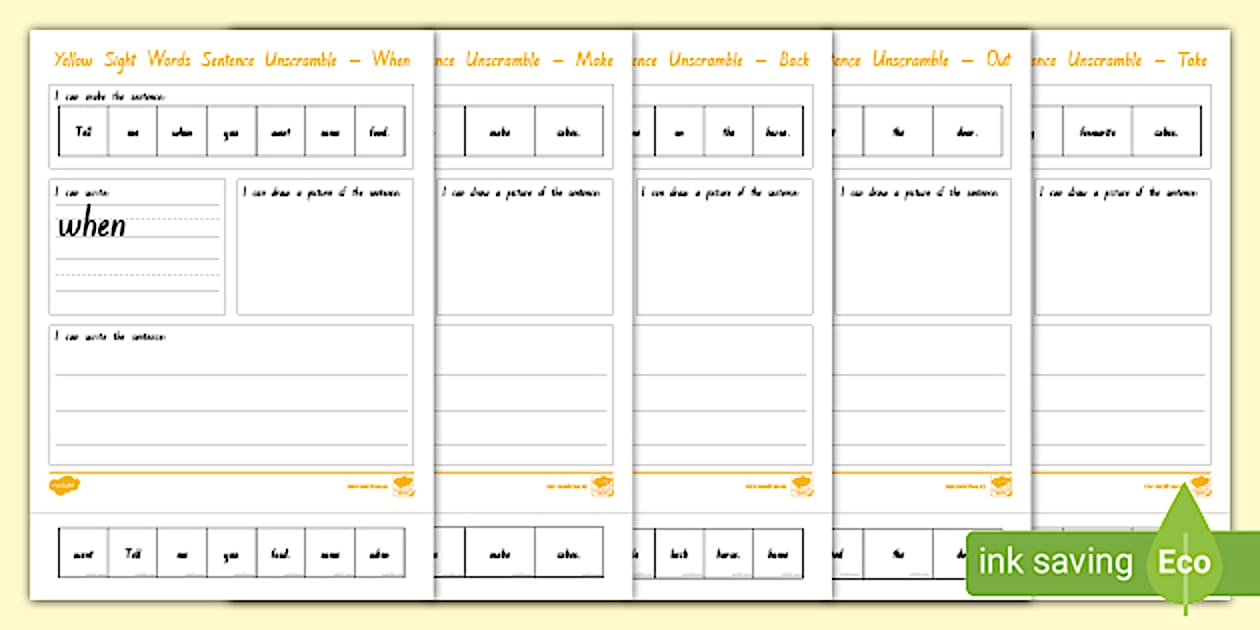 New Zealand Reading Yellow Sight Words Sentence Unscramble