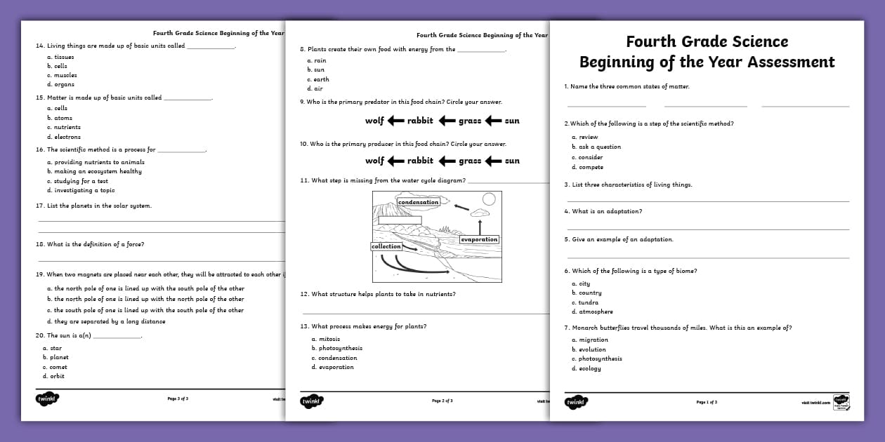 Fourth Grade Beginning of the Year Science Assessment