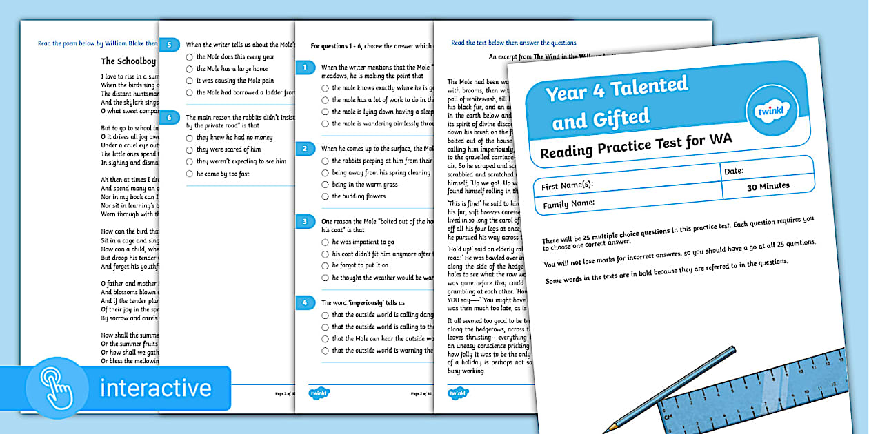 Yr 4 Talented and Gifted Reading Practice Test for WA