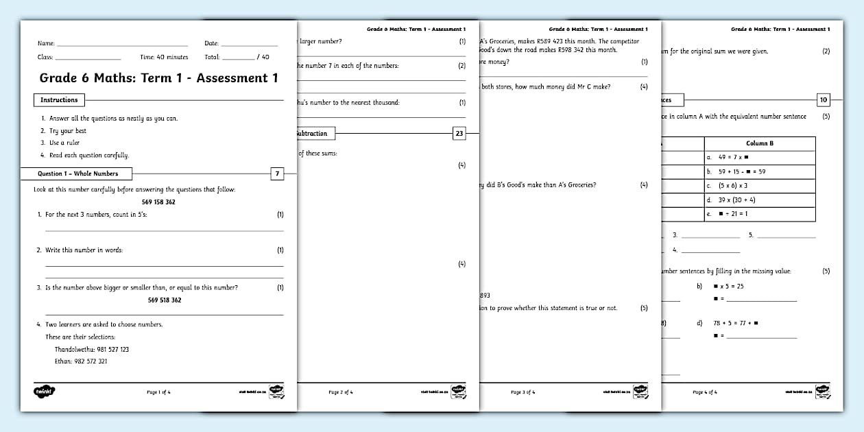 Grade 6 Maths Assignment Term 1 - Intermediate Phase