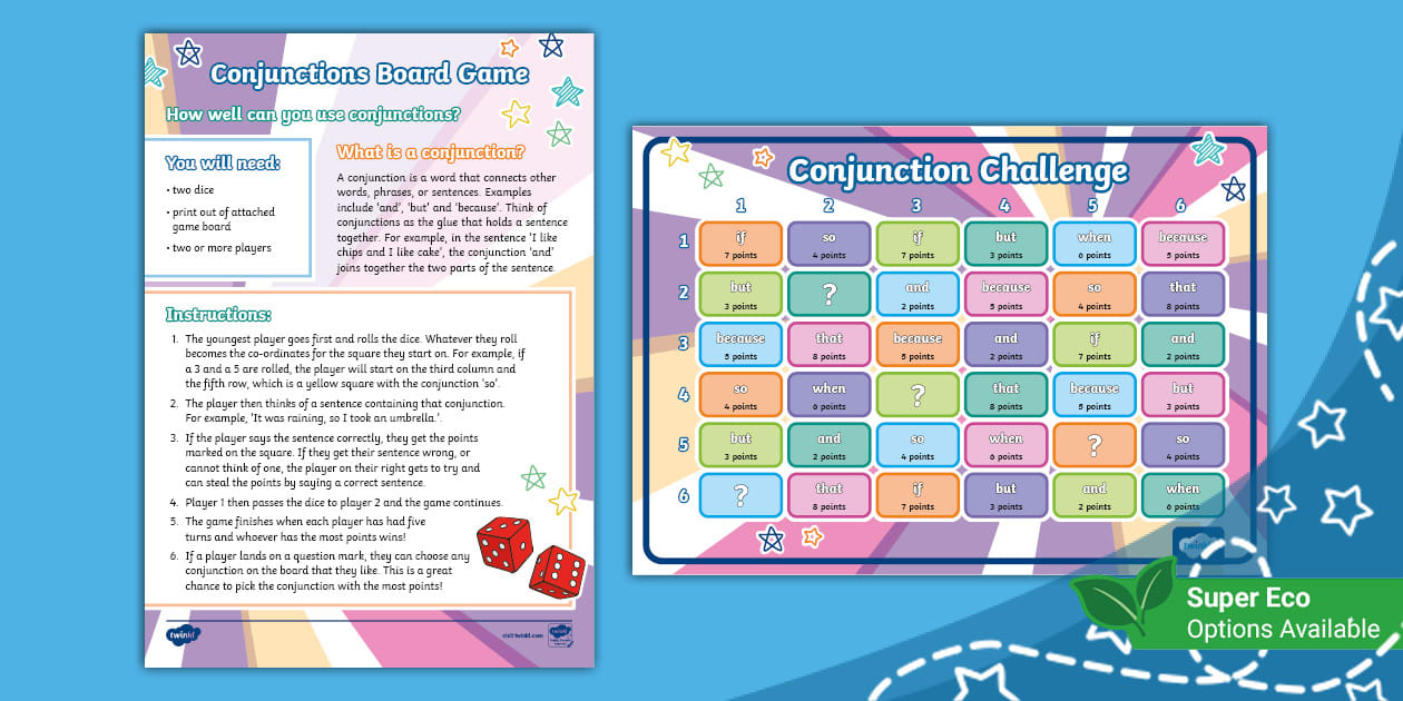 Conjunctions Board Game (Ages 6 - 7) (teacher made) - Twinkl