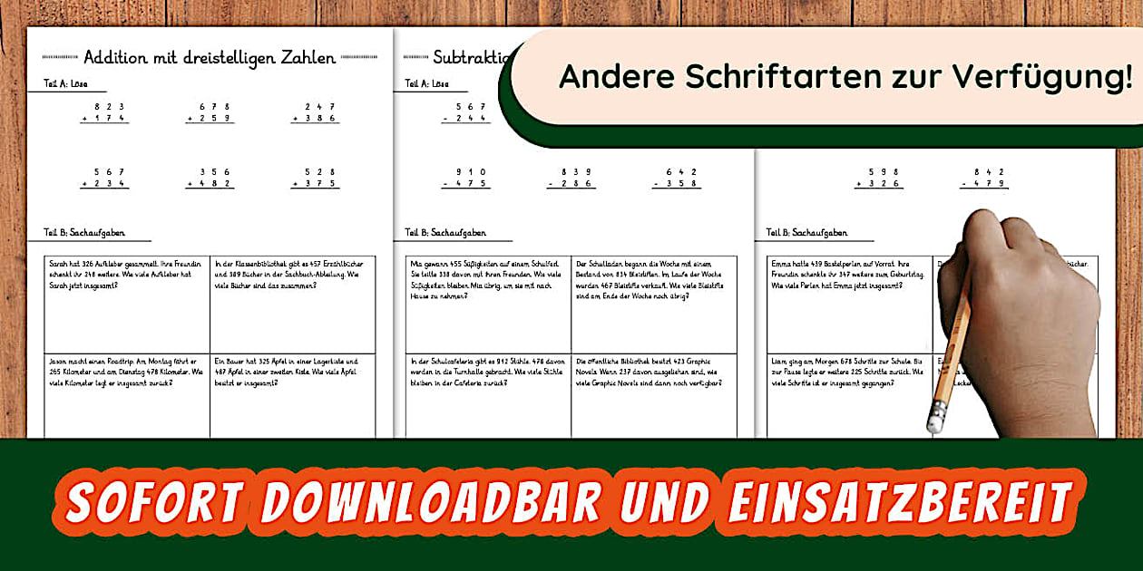 Addition und Subtraktion mit dreistelligen Zahlen - Arbeitsblätter