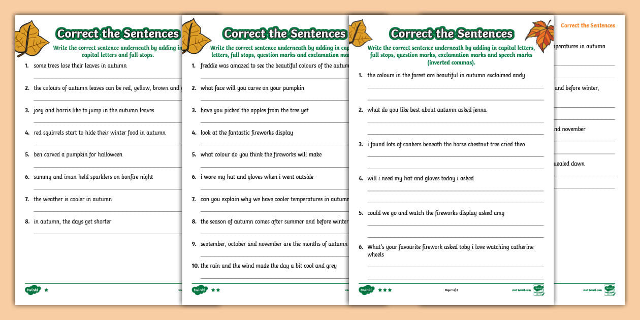 Correct the Sentences - Autumn Activity Sheet (Teacher-Made)