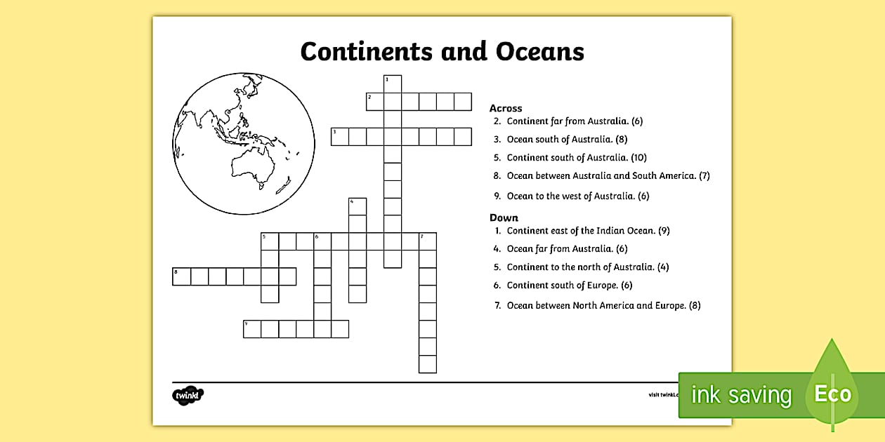 SA Continents and Oceans Crossword (teacher made) - Twinkl