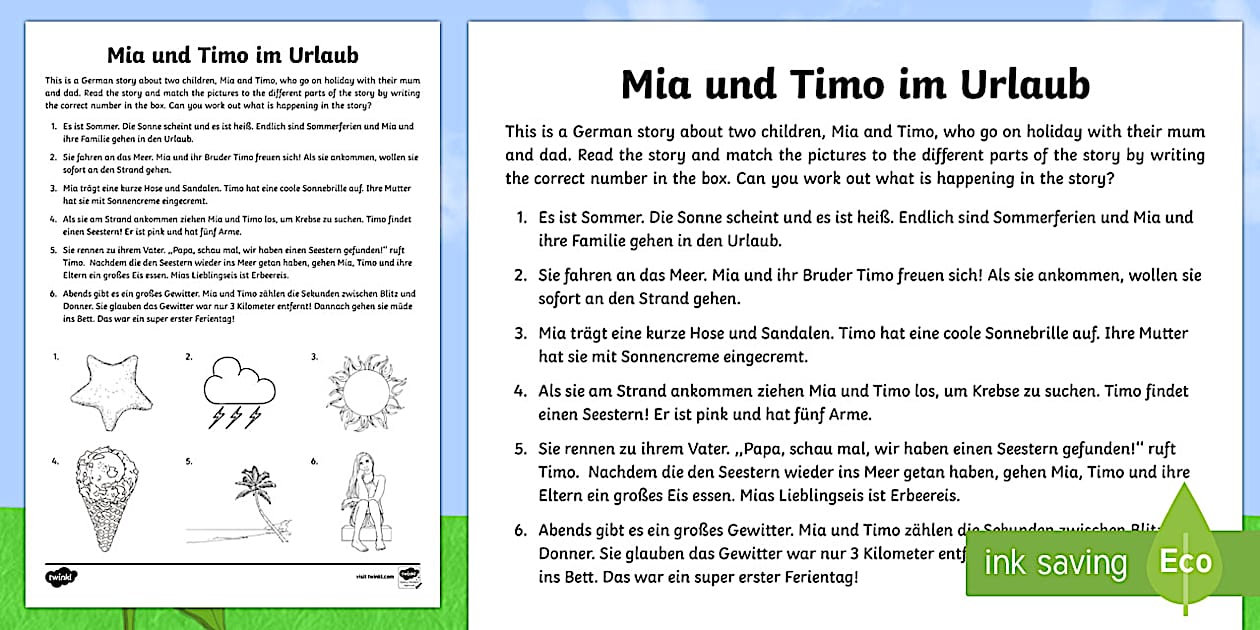 Summer Story and Picture Matching Worksheet / Worksheet German/English