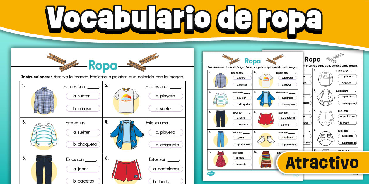 Hoja de vocabulario de ropa con palabras e imágenes