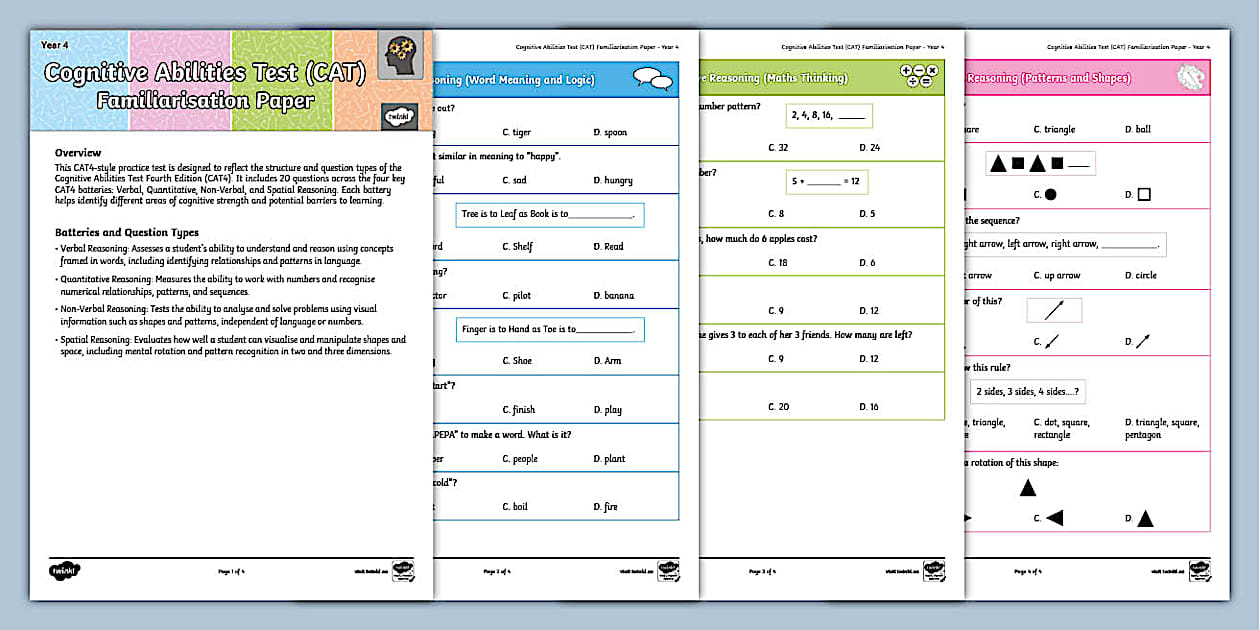 Year 4 CAT4 Example Questions | Style Practice paper
