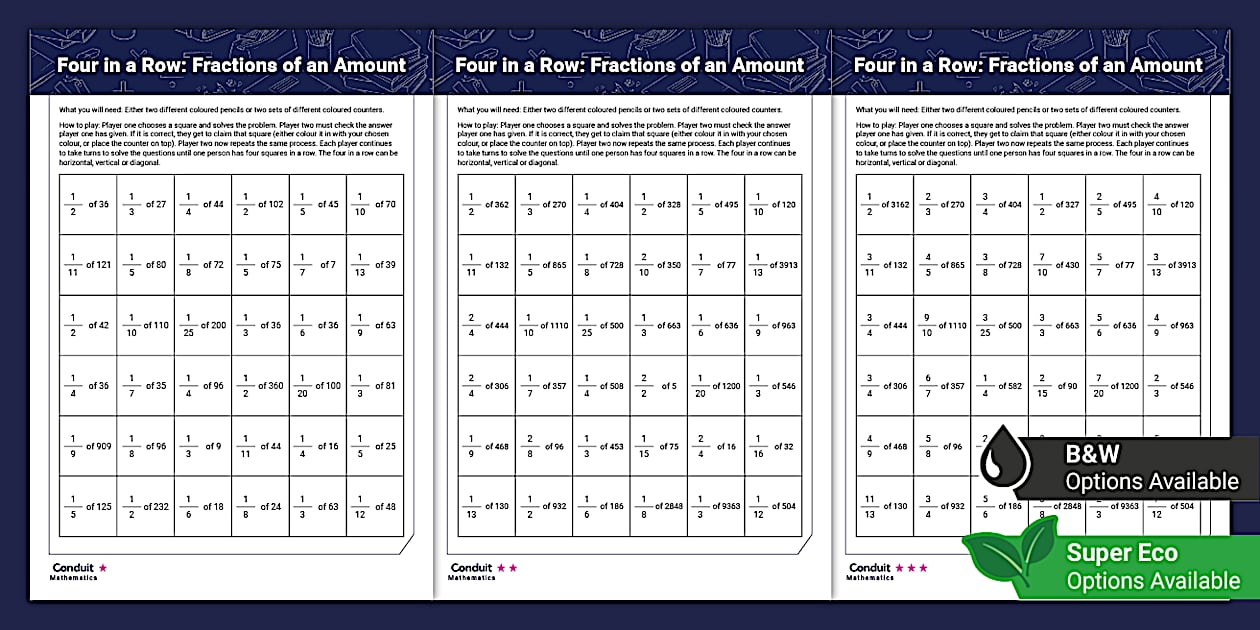 Four in a Row: Fractions of an Amount - Twinkl