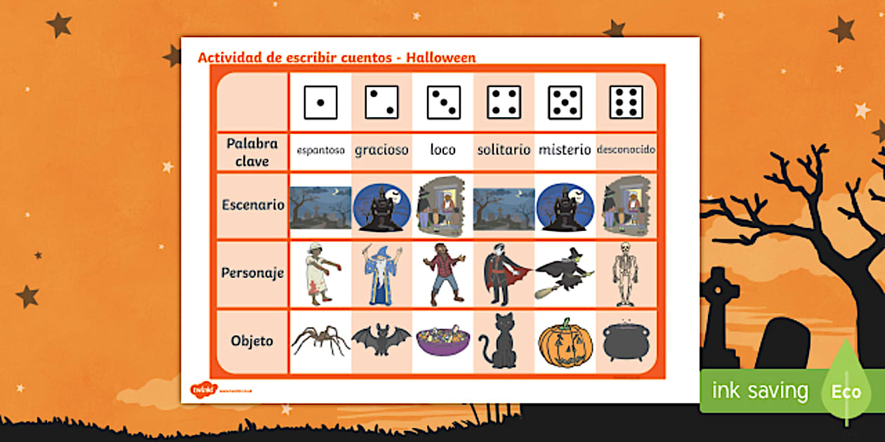 Ficha de tirar el dado y escribir cuentos de Halloween