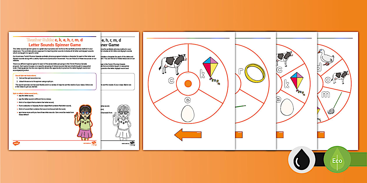 Phonics Canada: c,k,e, h, r, m, d Letter Sounds Spinner Game