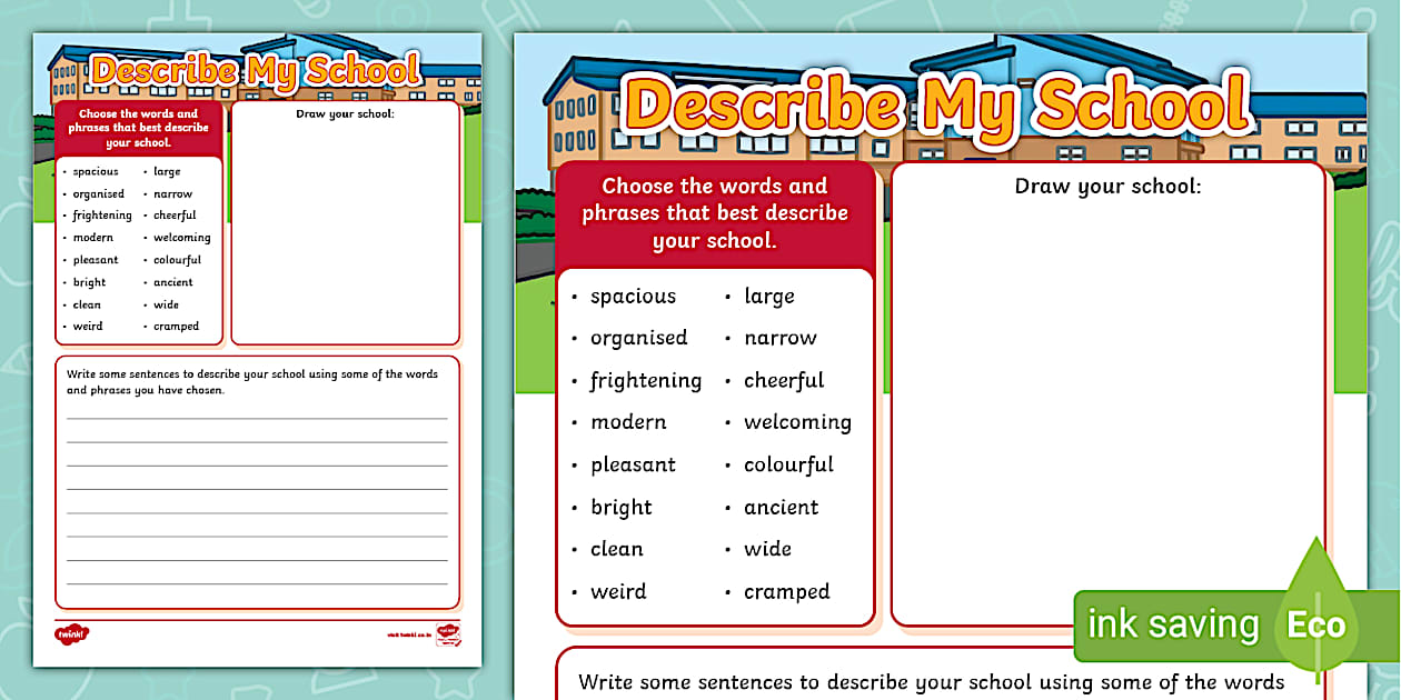 Describe My School Worksheet (teacher made) - Twinkl