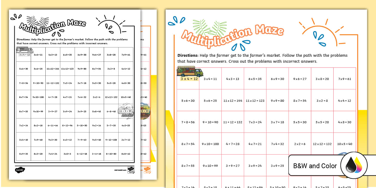 Summer Multiplication to 12x Math Facts Maze (teacher made)