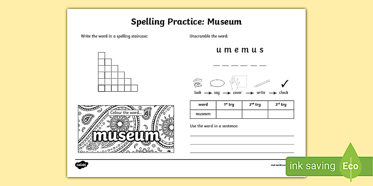 Museum Spelling Practice Worksheet (teacher made) - Twinkl