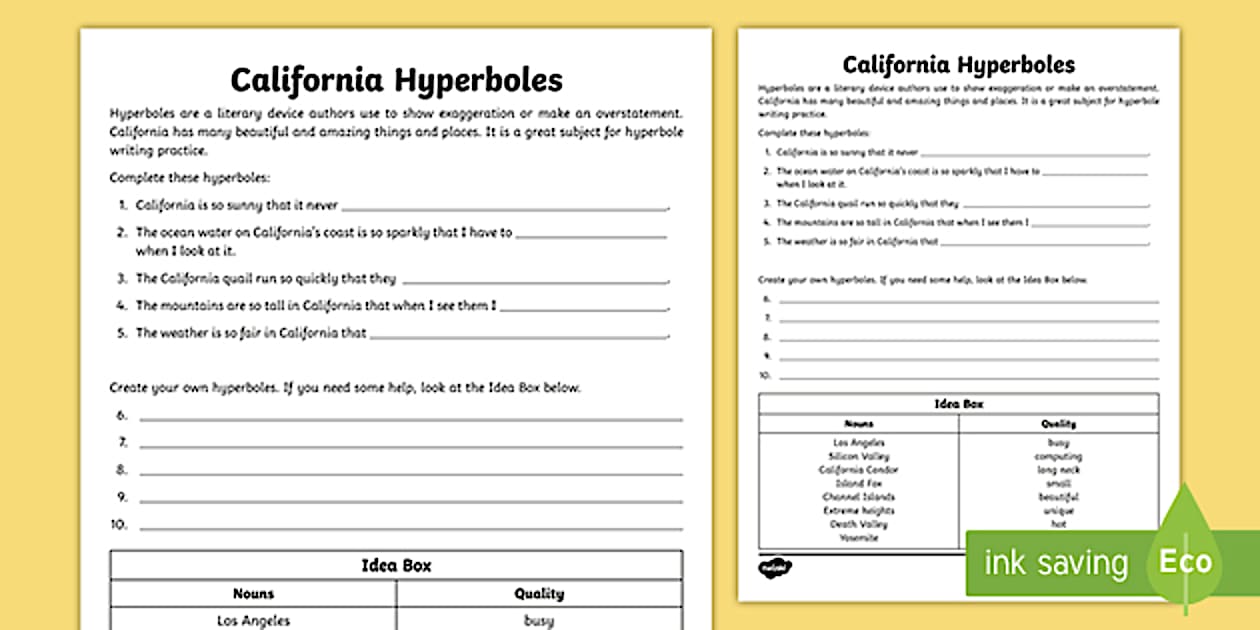 California Hyperboles Worksheet for 3rd-5th Grade - Twinkl