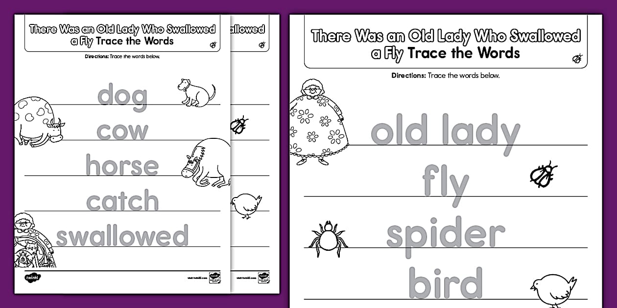 There Was an Old Lady Who Swallowed a Fly Trace the Words Activity