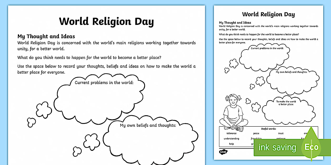 KS2 World Religion Day My Thoughts and Ideas Worksheet