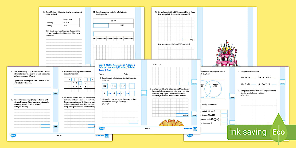 Maths Assessment: Addition Subtraction Multiply Divide