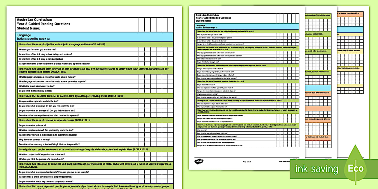 Year 6 Guided Reading Assessment Guidelines Checklist