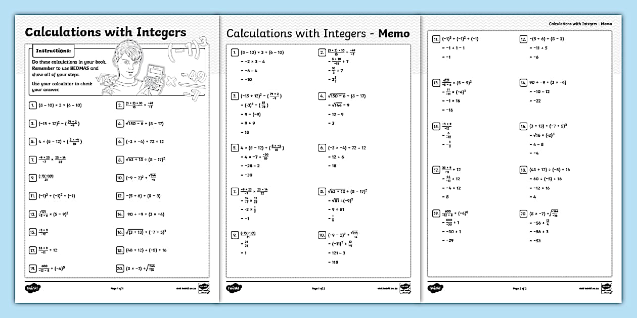 Calculations with Integers Activity Sheet (teacher made)