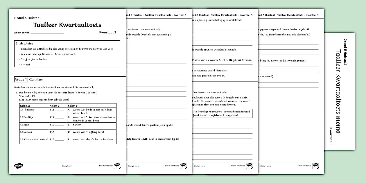 Afrikaans Taalleer Kwartaaltoets Graad 5 Kwartaal 3 - Twinkl