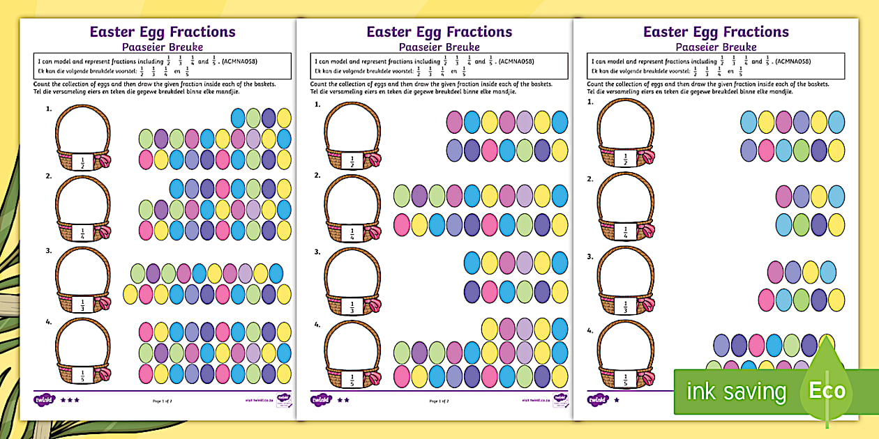 Easter Egg Fractions Differentiated Worksheets English/Afrikaans