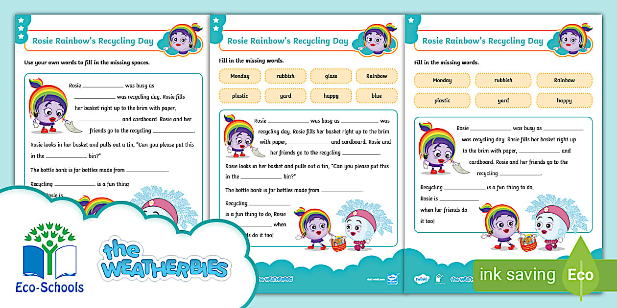 FREE! - The Weatherbies Rosie Rainbow's Recycling Day Cloze Procedure ...