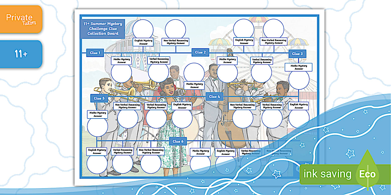 11+ Summer Mystery Challenge Clue Collection Board - Twinkl