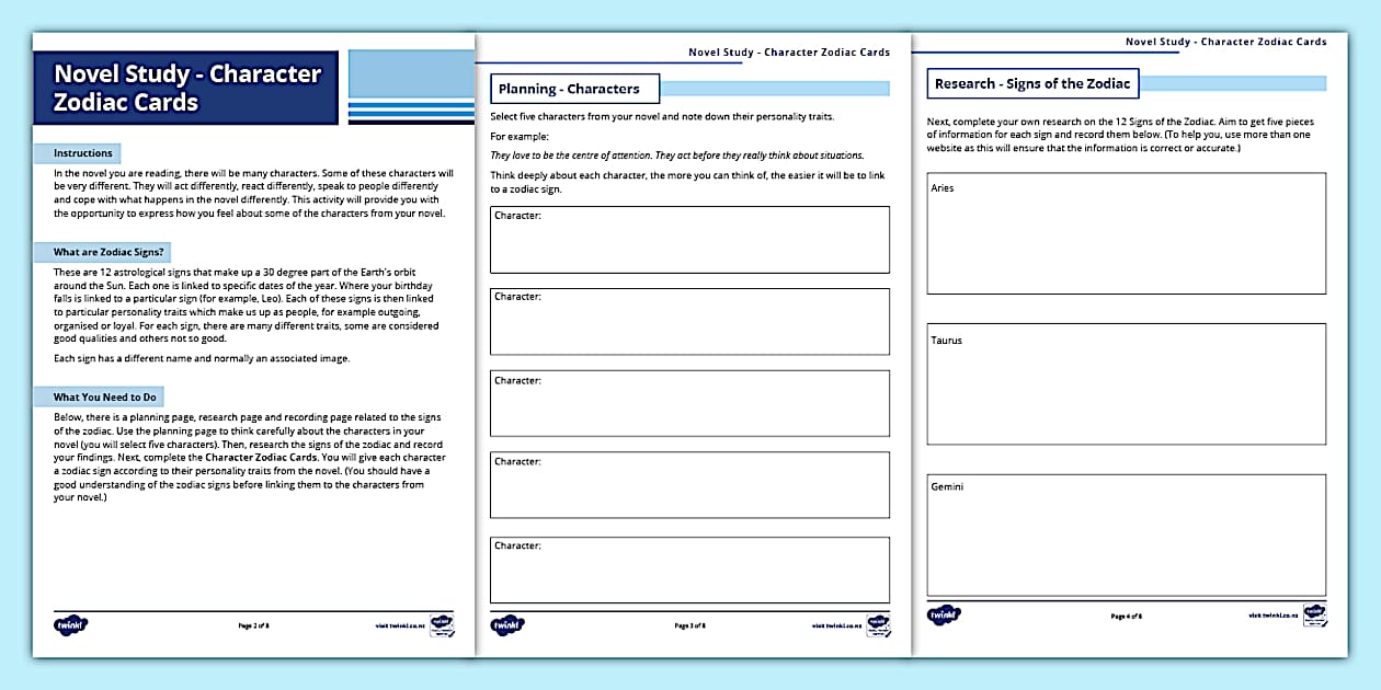 Year 7 and 8 Novel Study Character Zodiac Cards - Twinkl