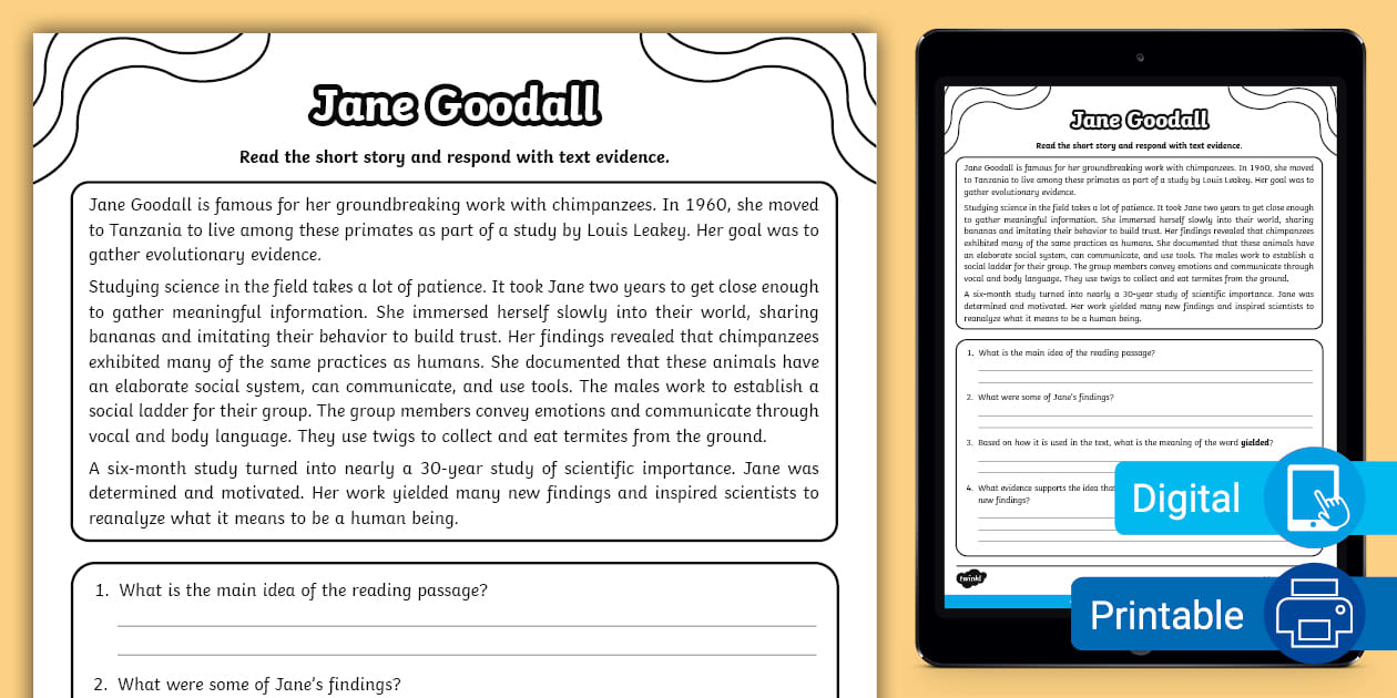 Prove It! Jane Goodall Text Evidence Worksheet for 6th-8th Grade