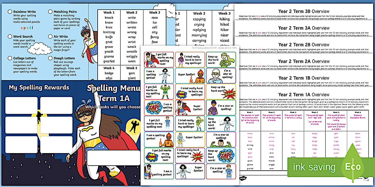 Editable Year 2 Superhero-Themed Spelling Menu Pack - Twinkl