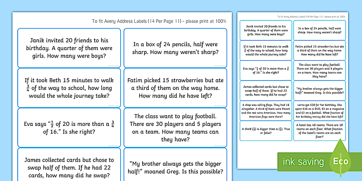 Year 2 Fractions Word Problems Labels (Teacher-Made)