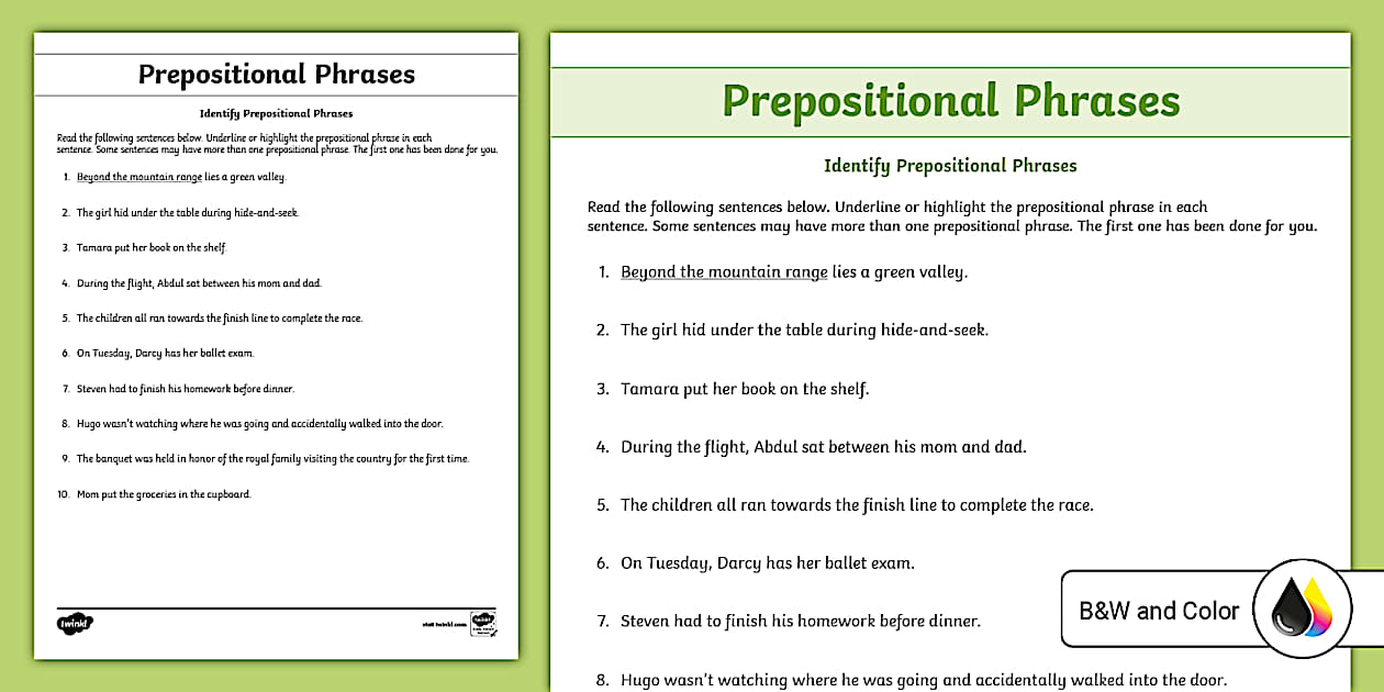 Identify the Prepositional Phrases Activity Sheet 3rd-5th