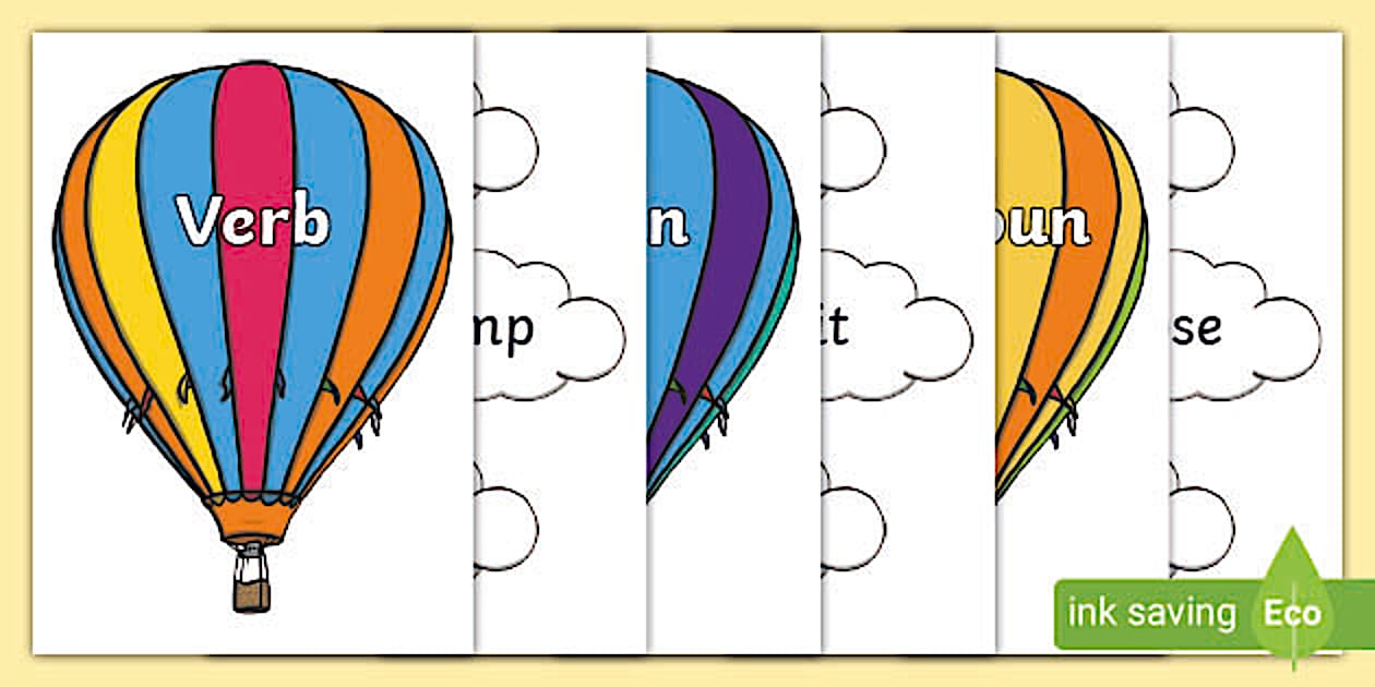 Cursive Hot Air Balloon-Themed Word Types Display Pack