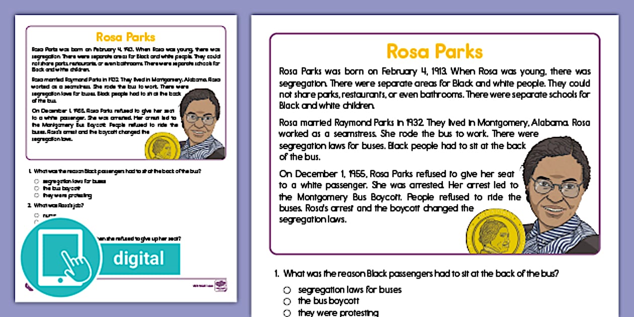 Second Grade Rosa Parks Reading Passage Comprehension