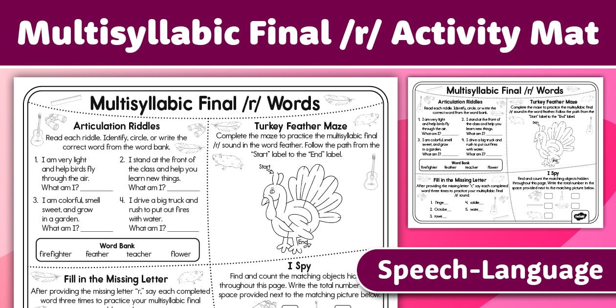 Articulation Multisyllabic Final /r/ Carryover Activity Mat