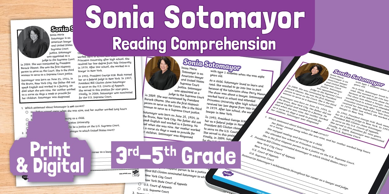 Sonia Sotomayor Reading Comprehension Worksheet for 3rd-5th