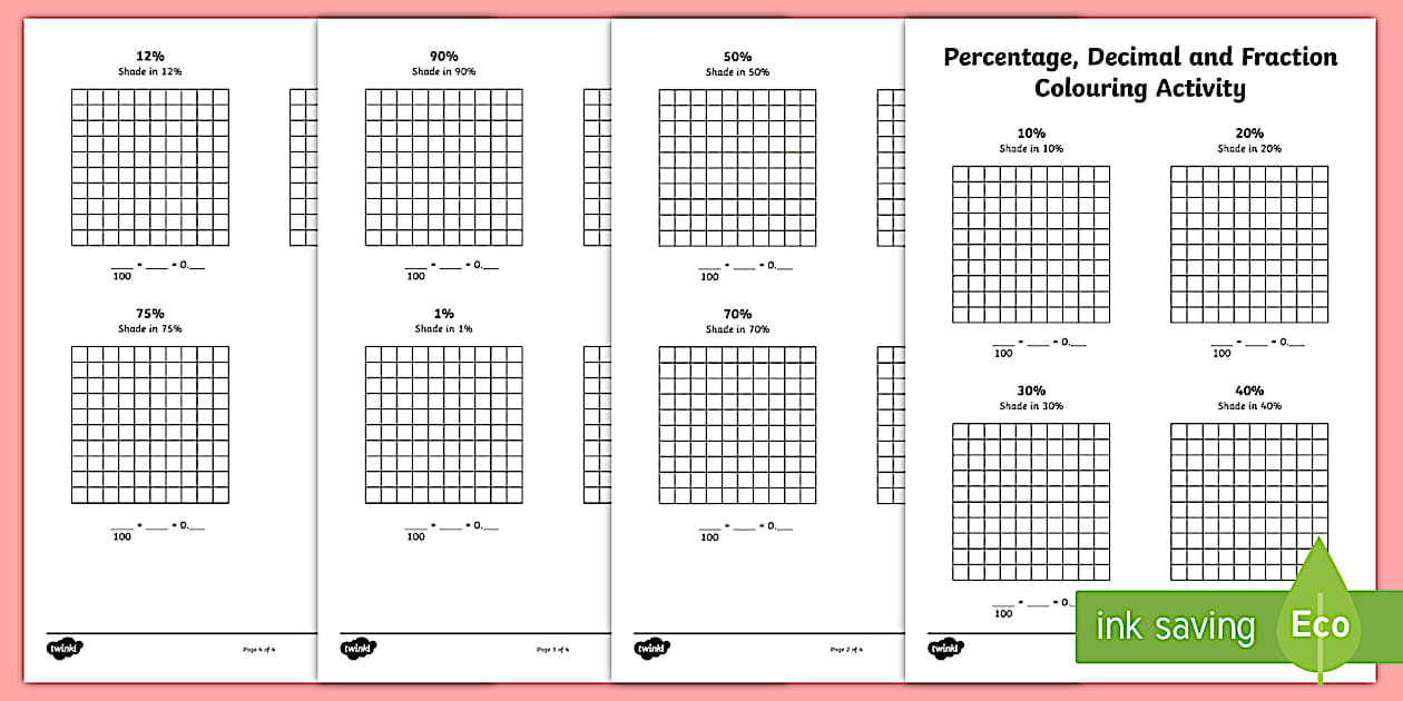 Percentage, Decimal and Fraction Colouring Worksheets