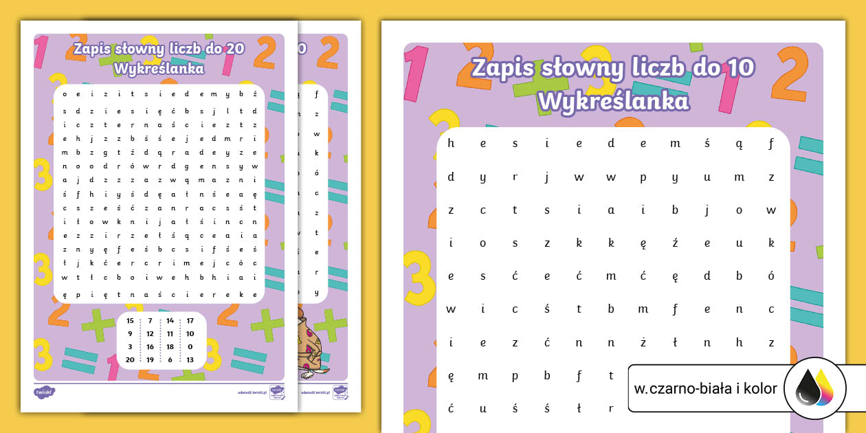 Słowny zapis liczby do 10 i 20 | Wykreślanka - Twinkl