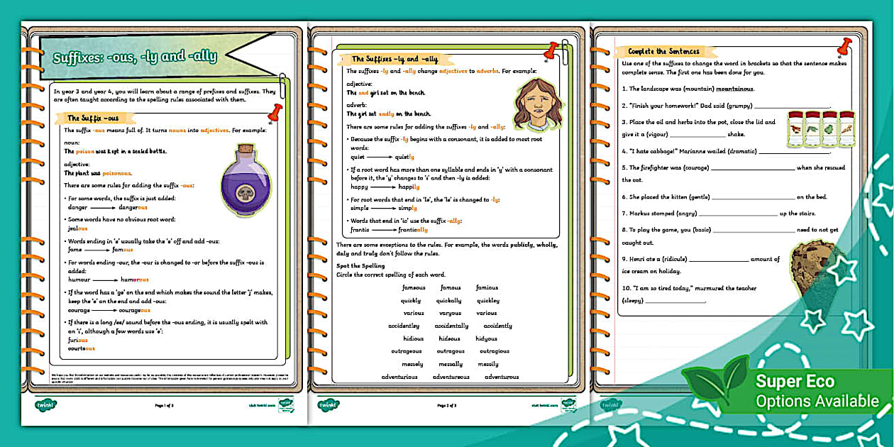 Suffixes: -ous, -ly and -ally (Ages 7 - 9)