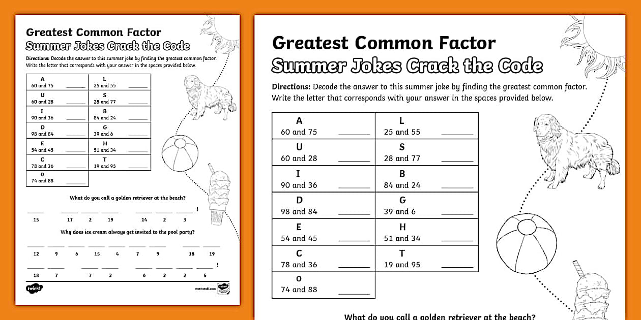 Sixth Grade Greatest Common Factor Summer Jokes Crack the Code Worksheet