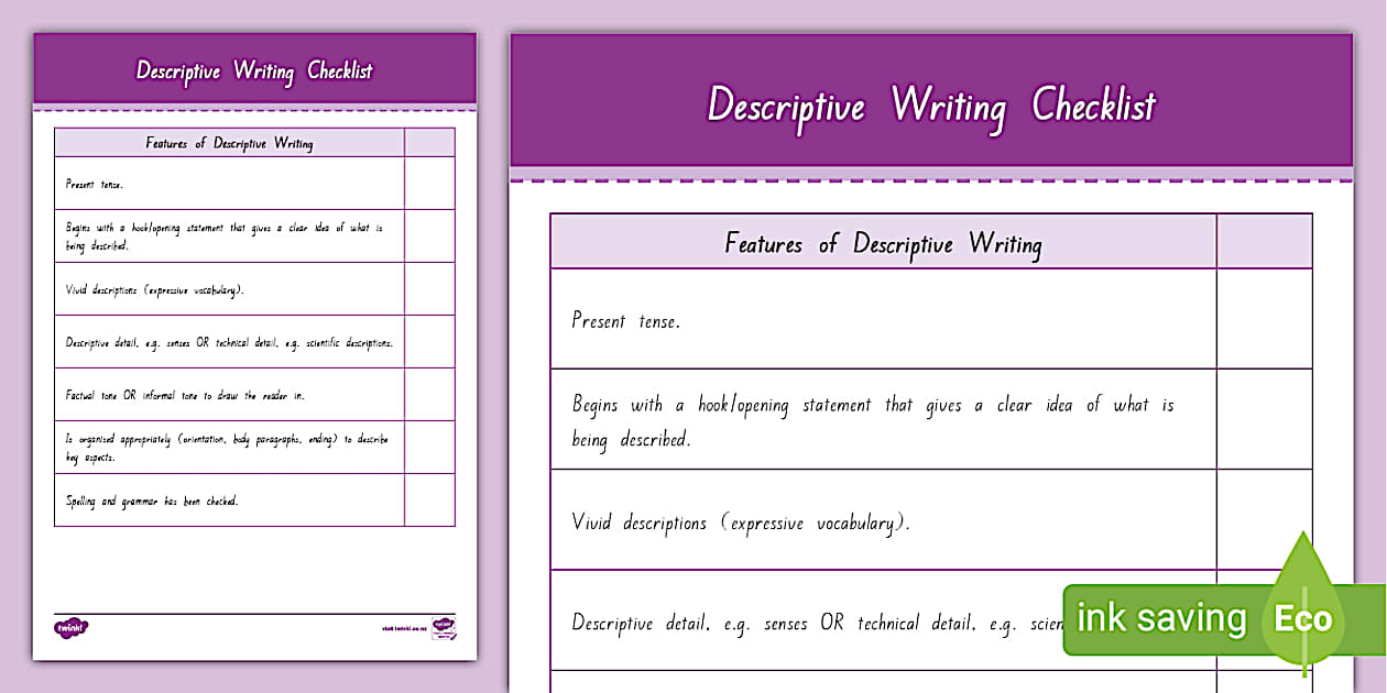 Level 3 (Phase 2) Writing - Descriptive Writing Checklist