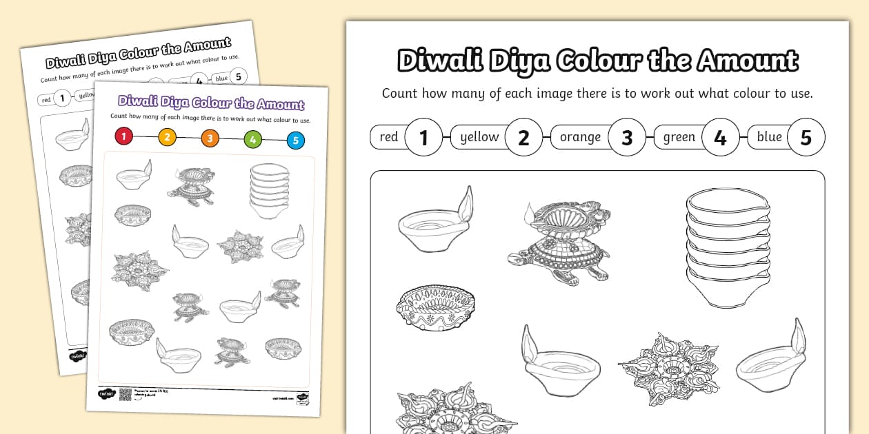 👉 Diwali Diya Colour the Amount Worksheet - Twinkl