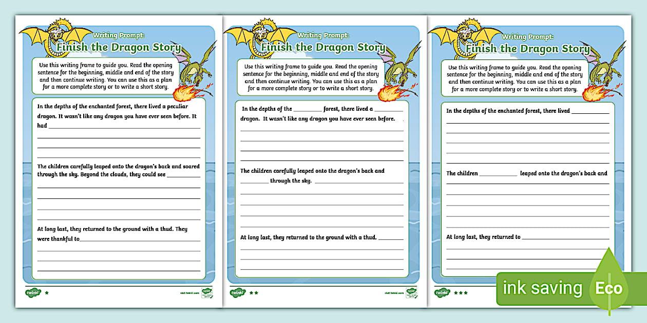 Writing Prompt: Finish the Dragon Story Worksheet