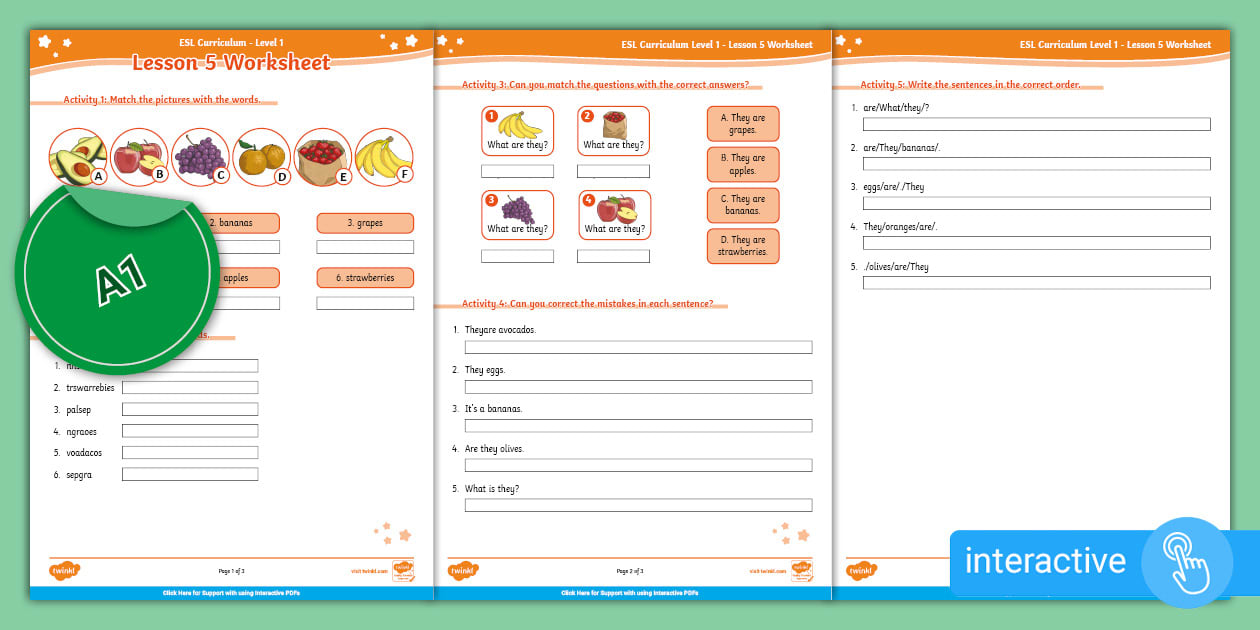 ESL Curriculum Level 1, Lesson 5 PDF Interactive Worksheet